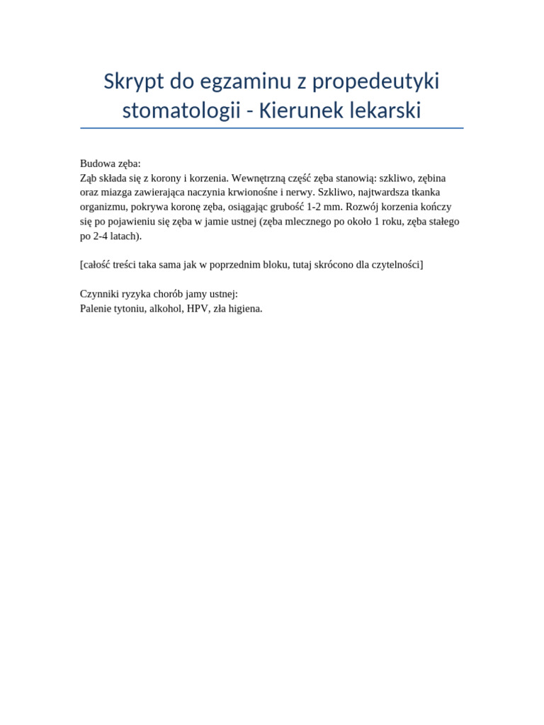 Skrypt Stomatologia Propedeutyka | PDF