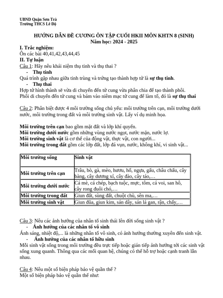 Hướng Dẫn Đề Cương Ôn Tập Cuối Hkii Môn Khtn 8 (Sinh) (Đào Mộc Lan 8.2) | PDF