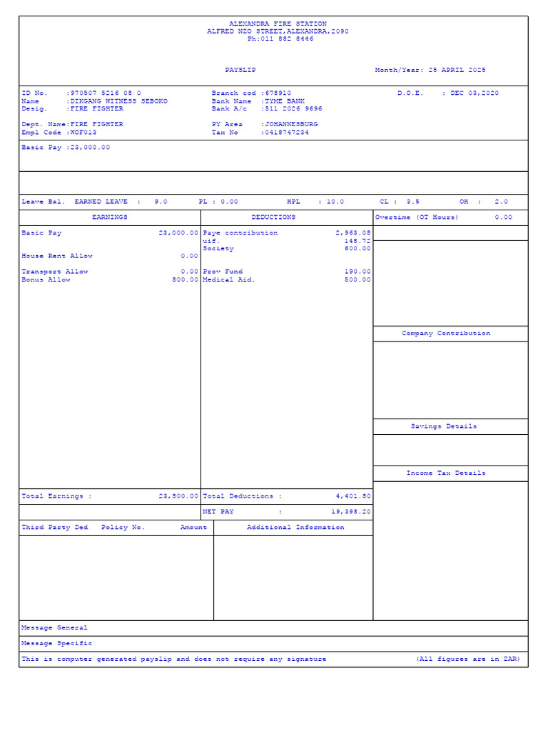 Payslip25042025.Dikgang Witness Seboko | PDF