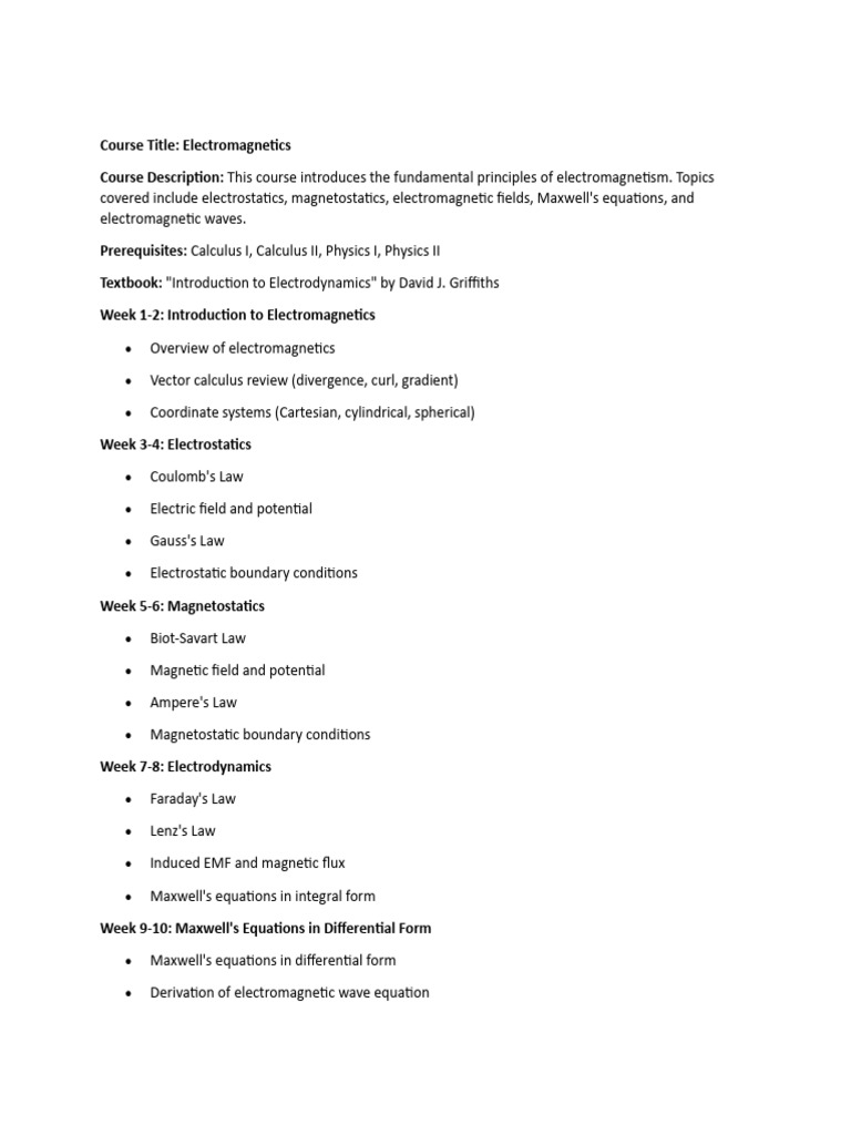 Electromagnetics Course Outline Lecture 1 | PDF | Magnetic Field ...