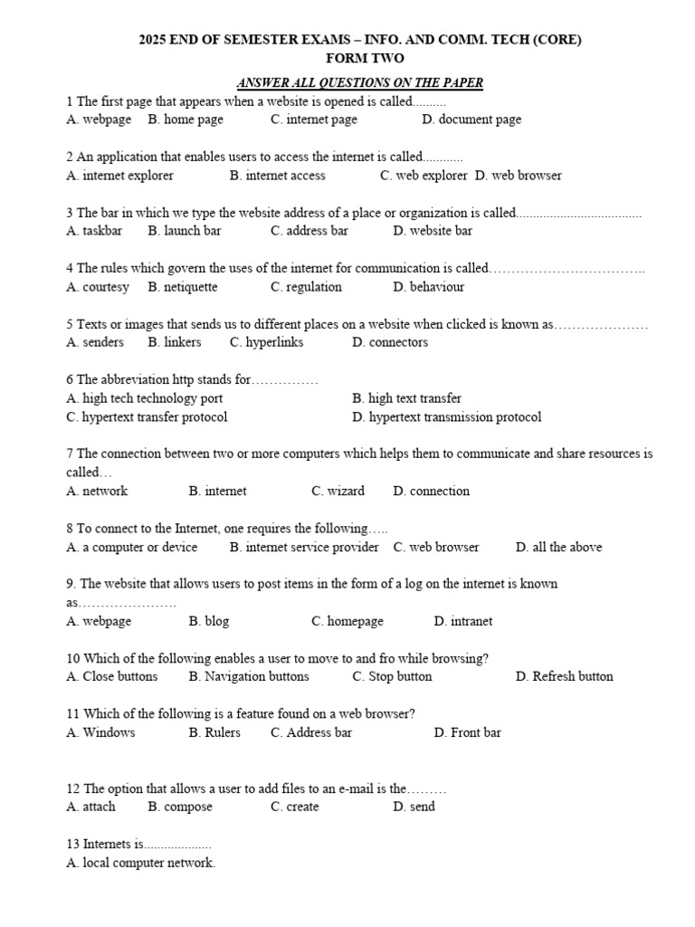 2025 Form Two ICT Exam Questions | PDF | World Wide Web | Internet & Web