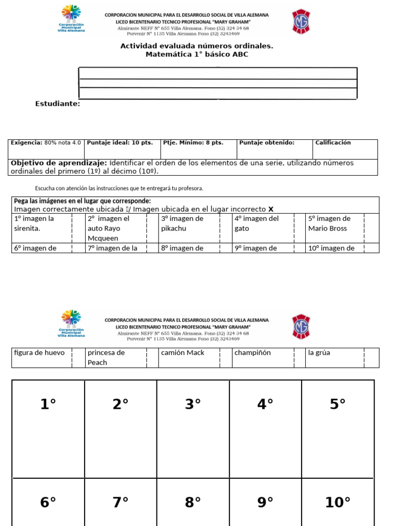 Actividad Evaluada Números Ordinales 1°ABC | PDF