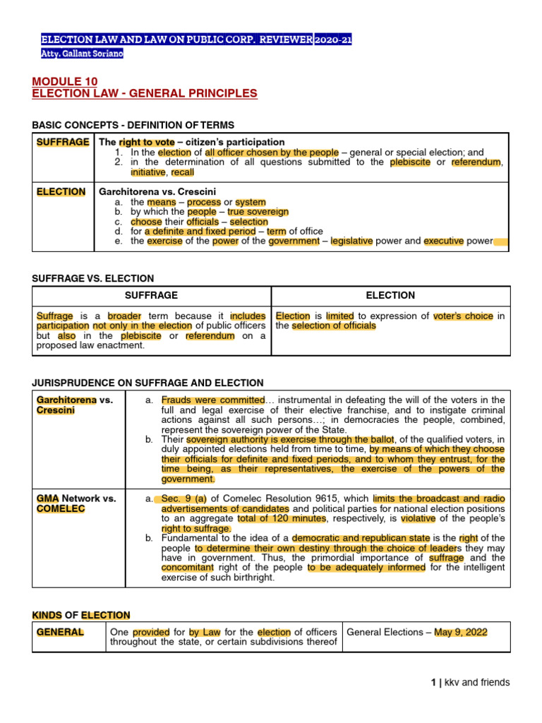 Election Law Atty. g Notes Finals Reviewer (1) | PDF | Suffrage | Elections