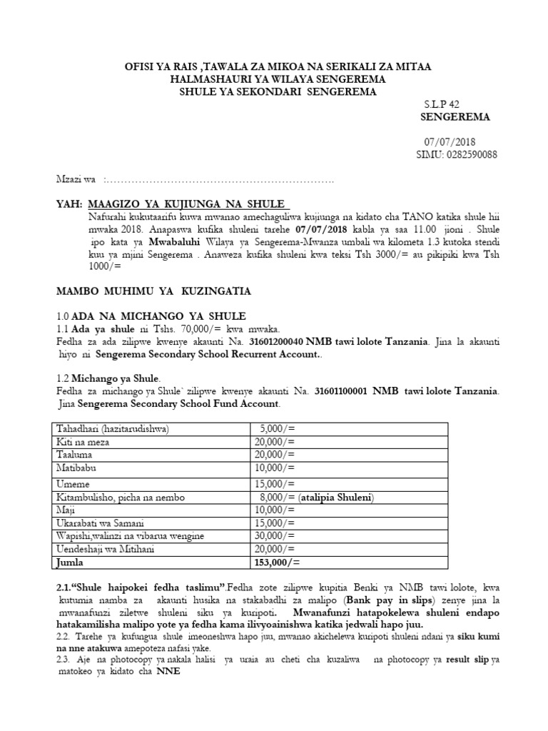 Sengerema Secondary School Joining Instruction | PDF