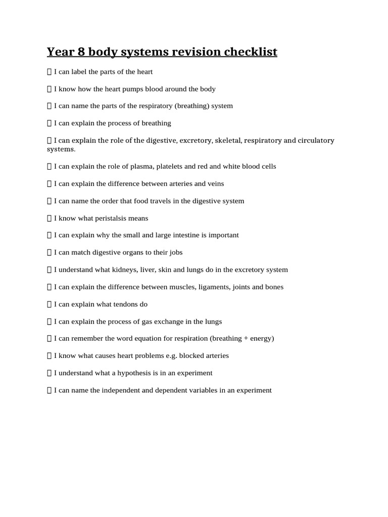 Year 8 Body Systems Revision | PDF