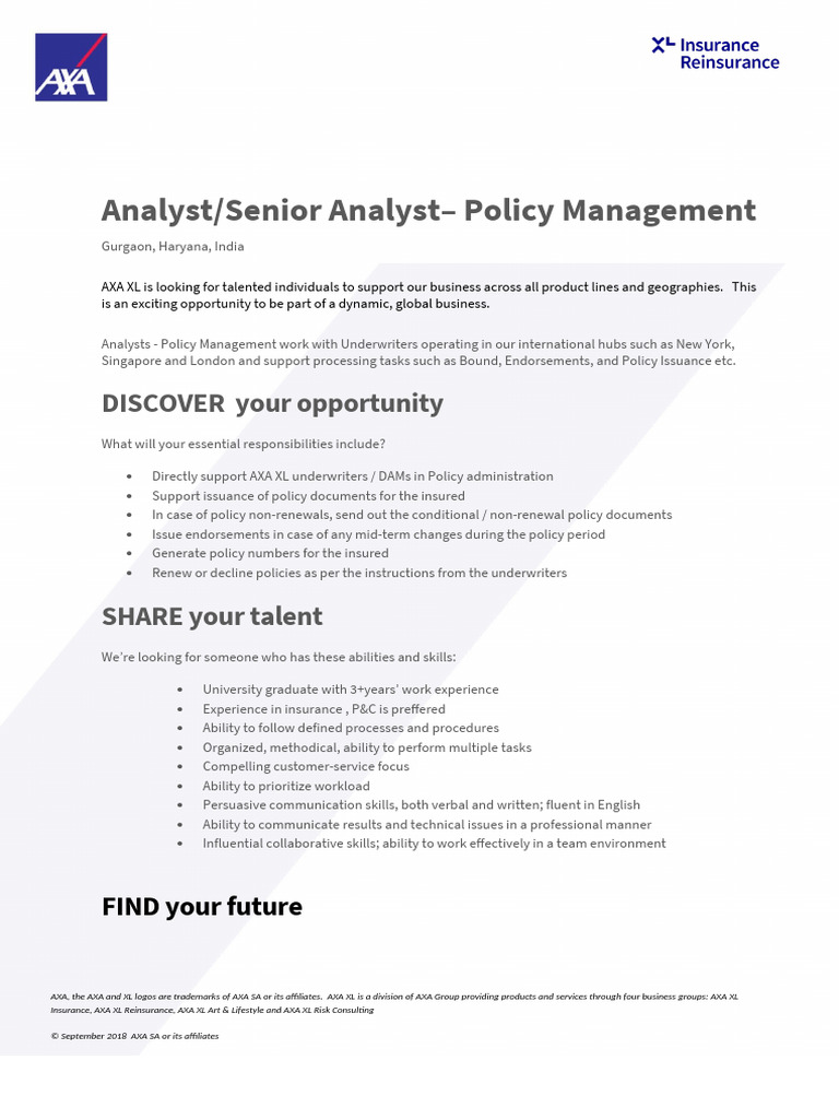 AXA XL Policy Management Analyst Role | PDF | Reinsurance | Underwriting