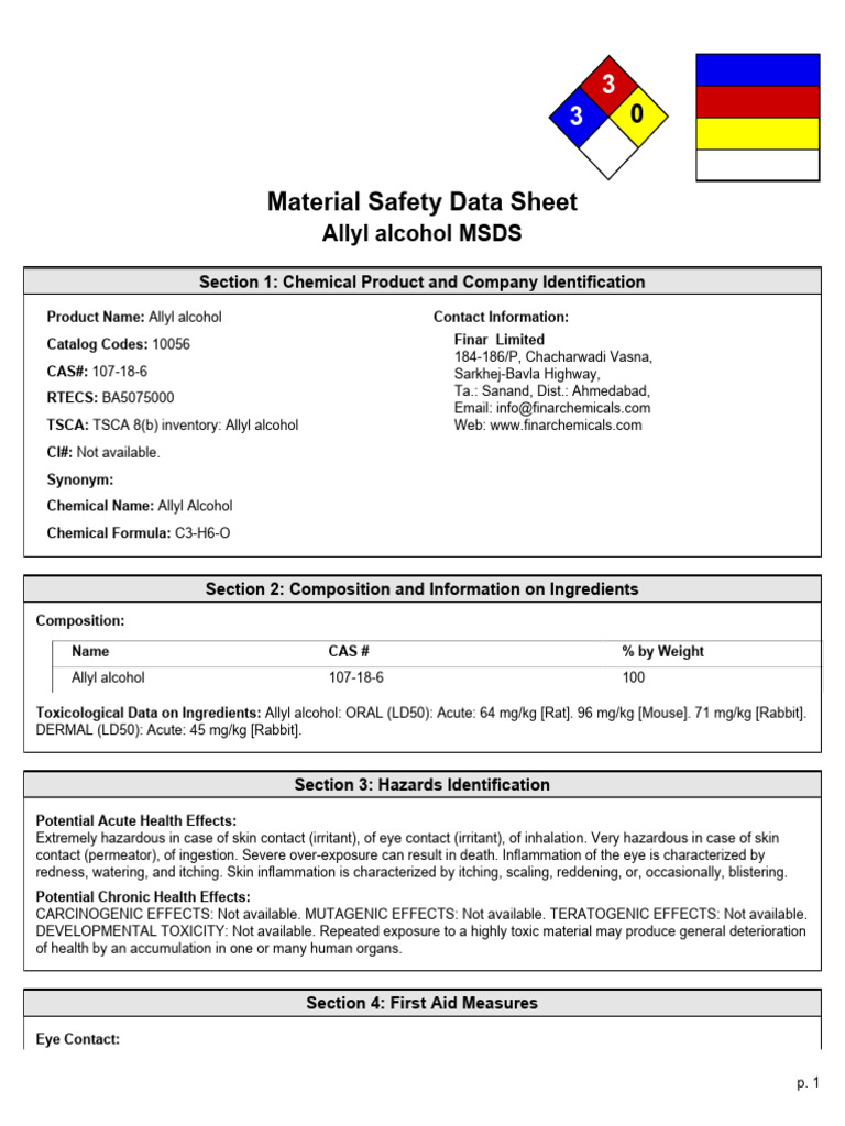 Allyl Alcohol MSDS Overview | PDF | Toxicity | Water