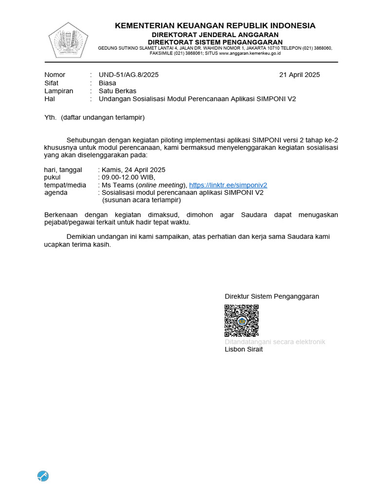 Undangan Sosialisai Modul Perencanaan Aplikasi Simponi V2 | PDF