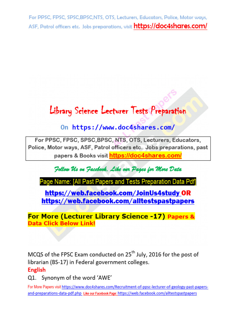 FPSC Librarian (BS-17) Past Paper Mcqs Conducted On 25th July-2016 | PDF | Libraries | Inspector