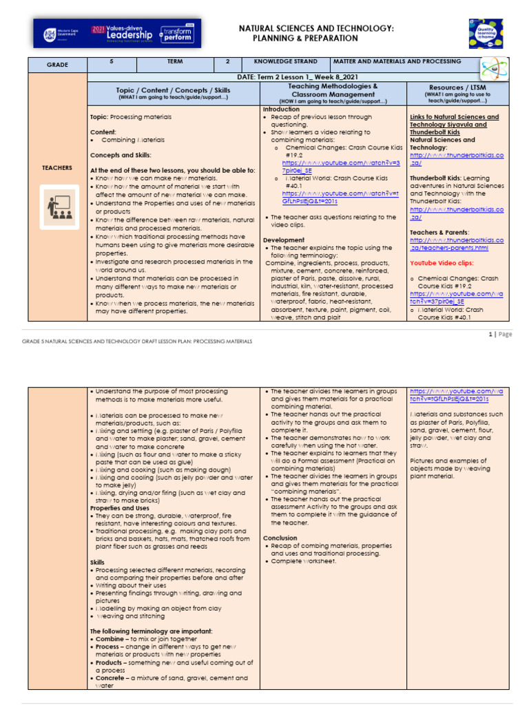 Lesson Plan 1&2 GR 5 Natural Sciences and Technology T2 W8 | PDF | Plaster | Concrete