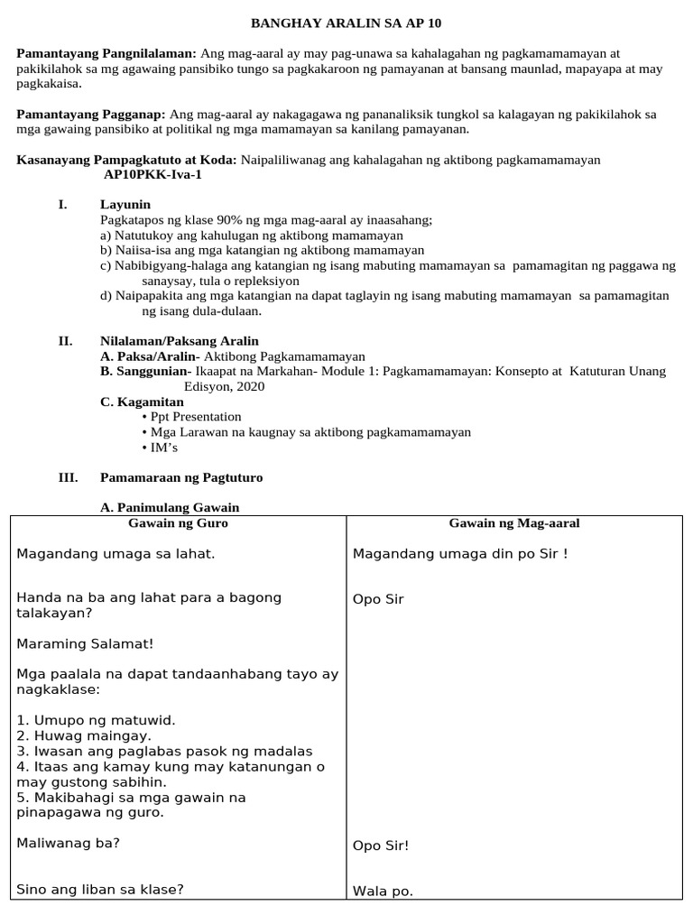 Banghay Aralin Sa AP 10. q4 - Codocx | PDF