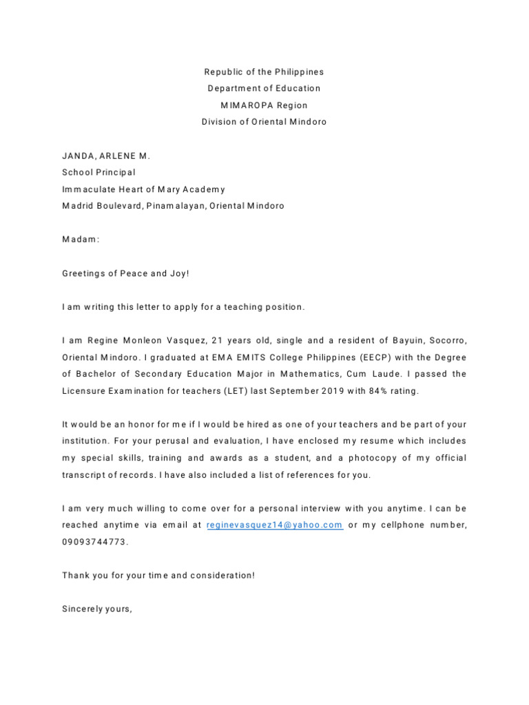 Teaching Position Application Letter | PDF