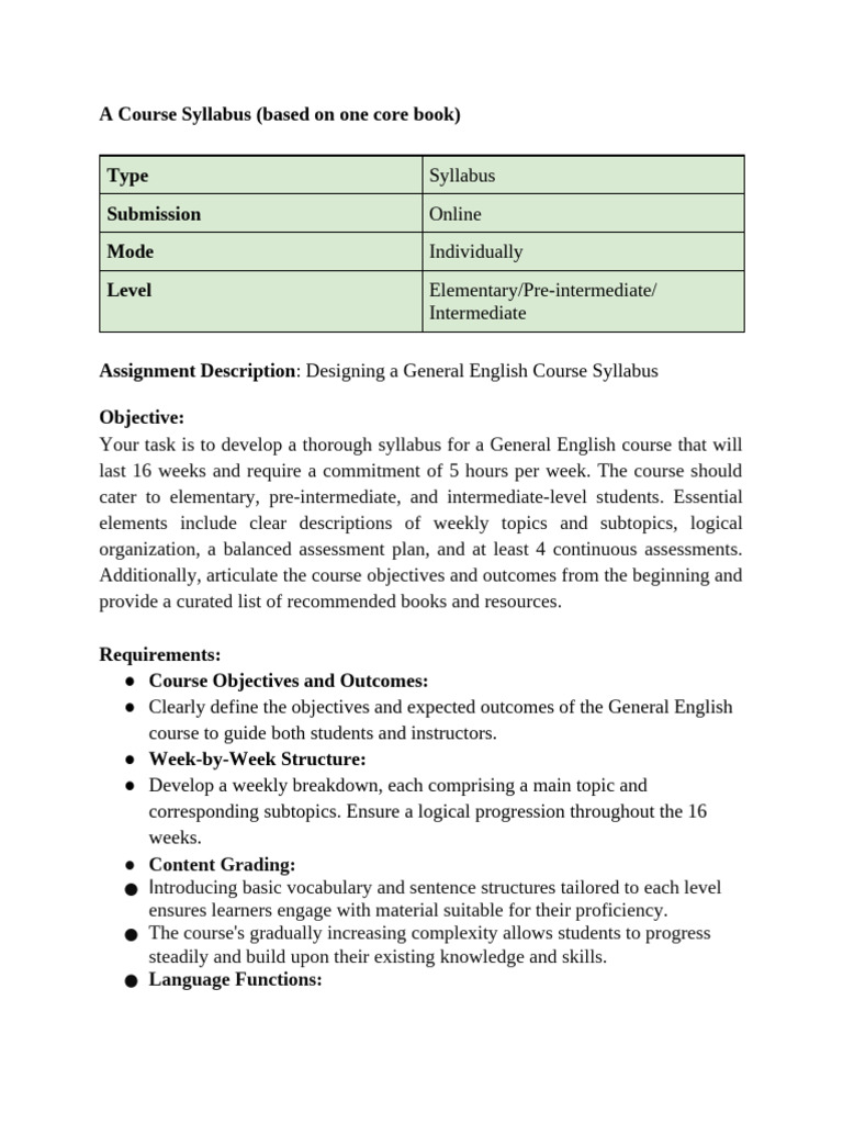 General English One Course Syllabus (Based on Book) | PDF | English ...