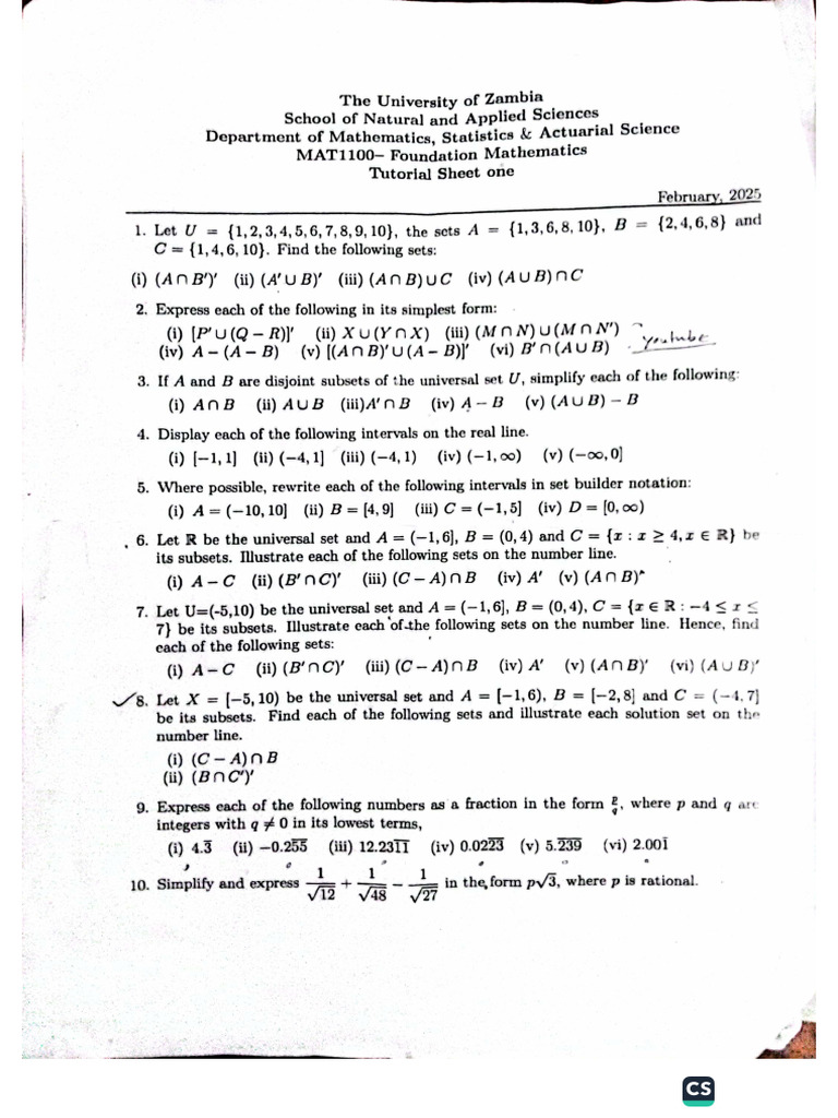 Mat 1100 Tutorial Sheet 1 | PDF