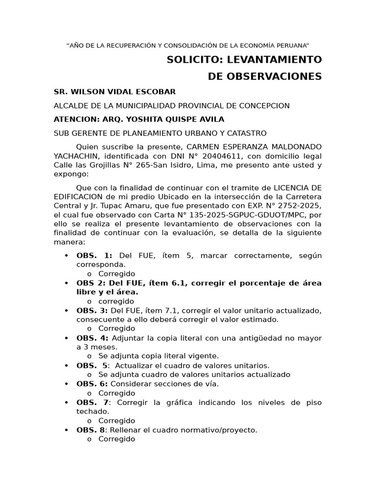 Solicitud de Levantamiento de Obs | PDF