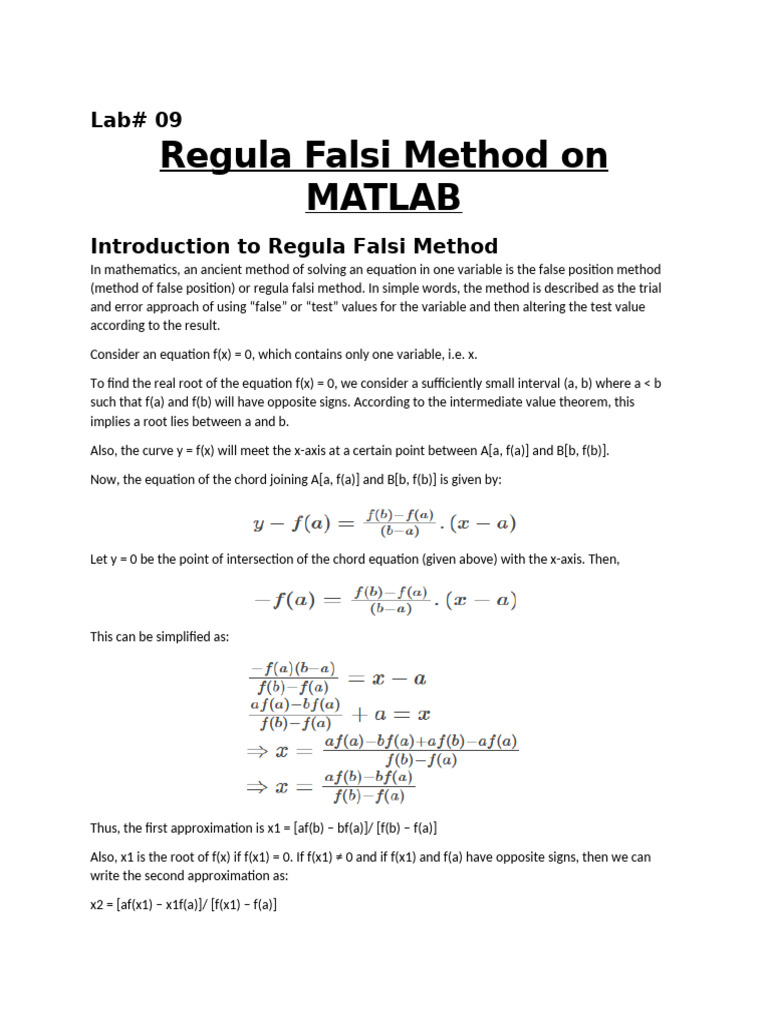 NM-Lab 09 Regula Falsi Method Lab | PDF | Mathematical Objects | Equations