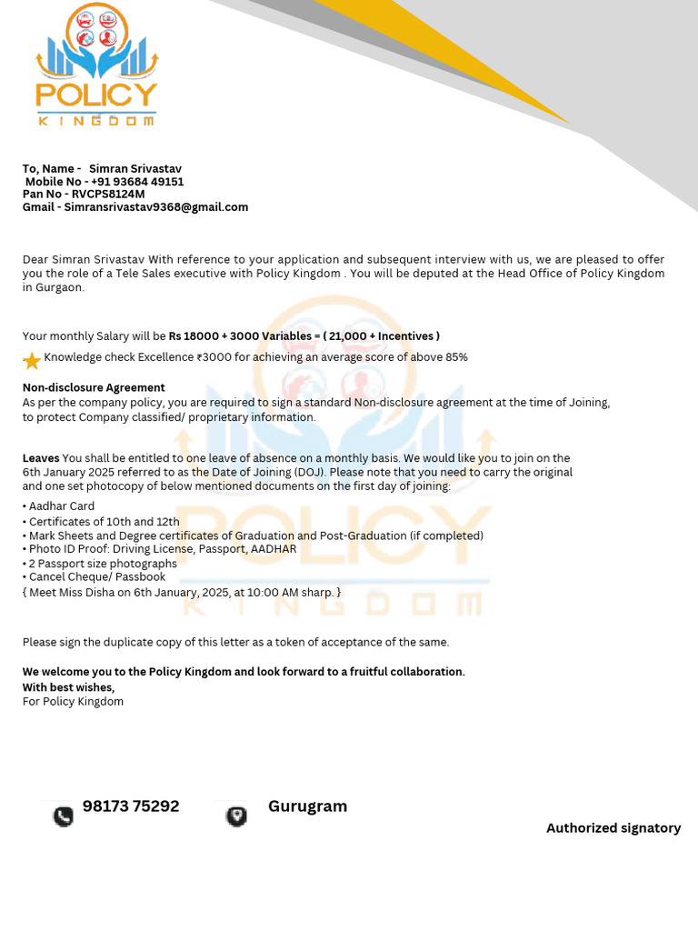 Simran Offer Letter | PDF