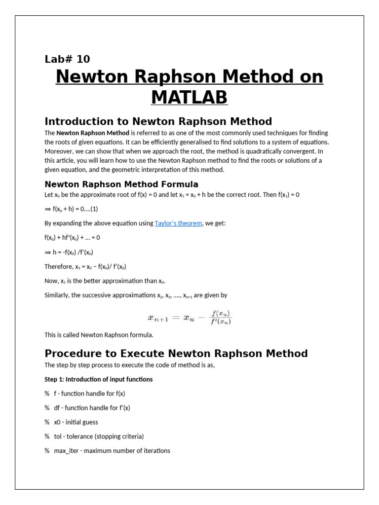 Newton Raphson Method in MATLAB Guide | PDF