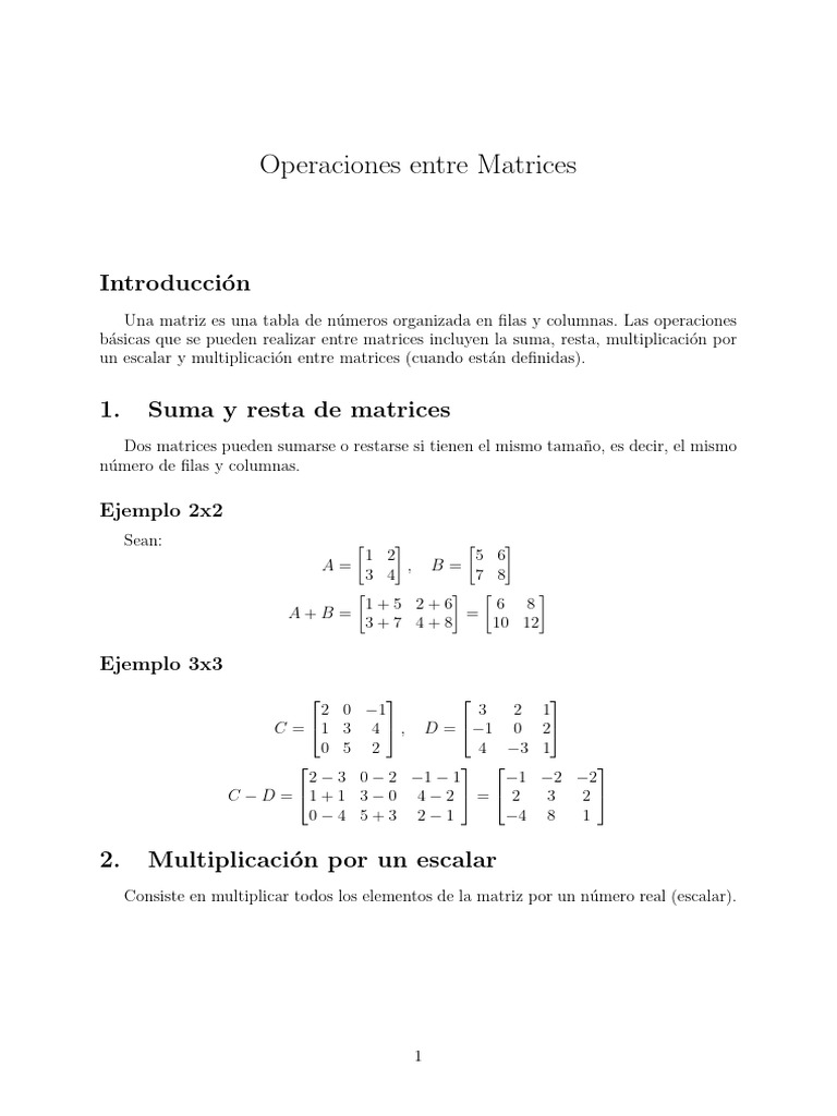 Operaciones Entre Matrices | PDF | Matriz (Matemáticas) | Sustracción