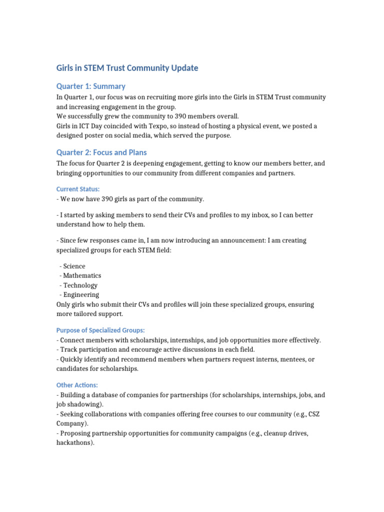 Girls in STEM Trust Community Update Quarter2 | PDF | Science ...