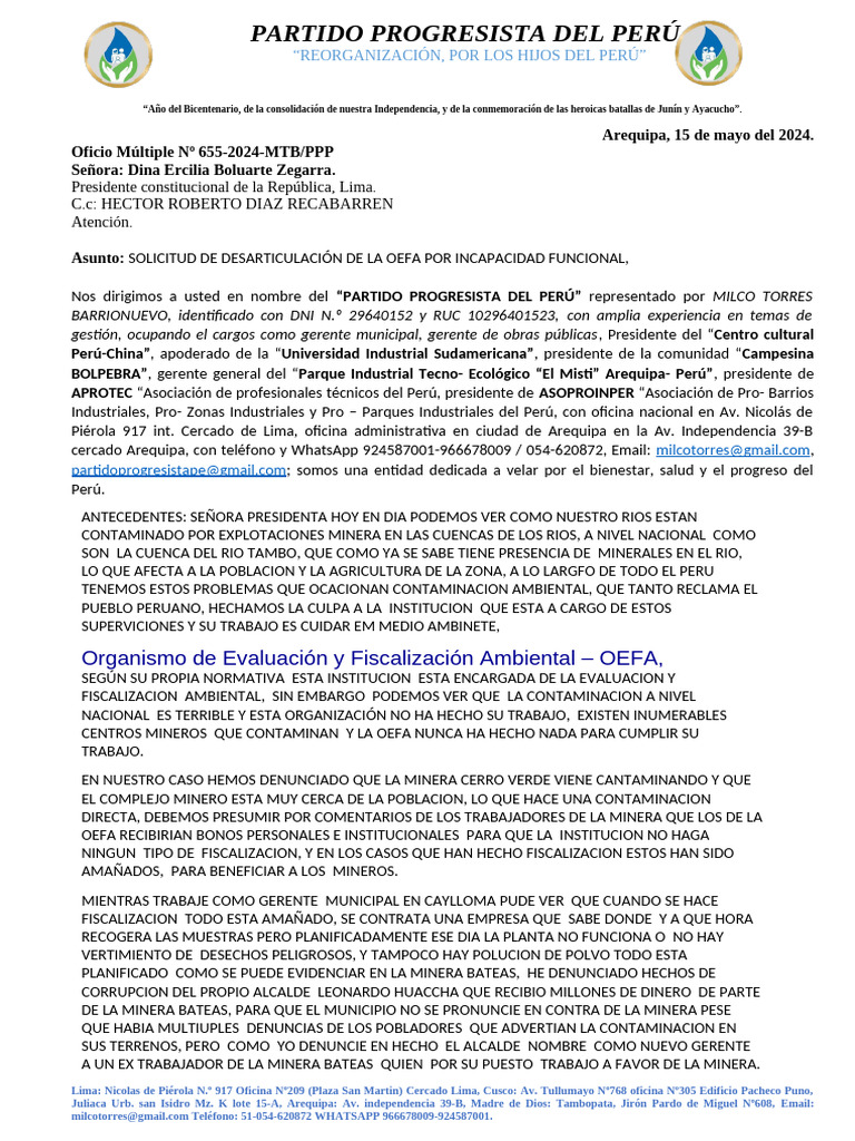 Oficio 655-2024 Oefa Cerro Verde | PDF | Perú | Gobierno local