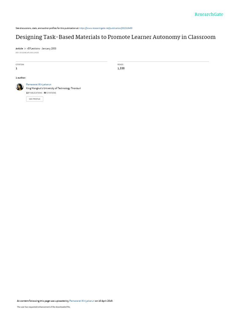 Designing Task-Based Materials To Promote Learner Autonomy in Classroom | PDF | Learning | Teachers