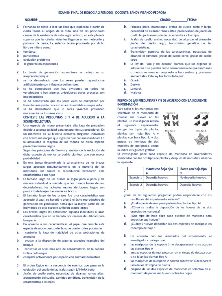 Examen Final de Biologia 2 Periodo Docente | PDF | Evolución ...