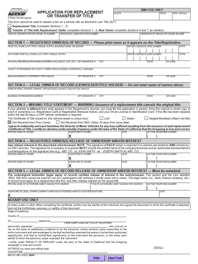 DMV Title Replacement Application Form | PDF | Department Of Motor ...