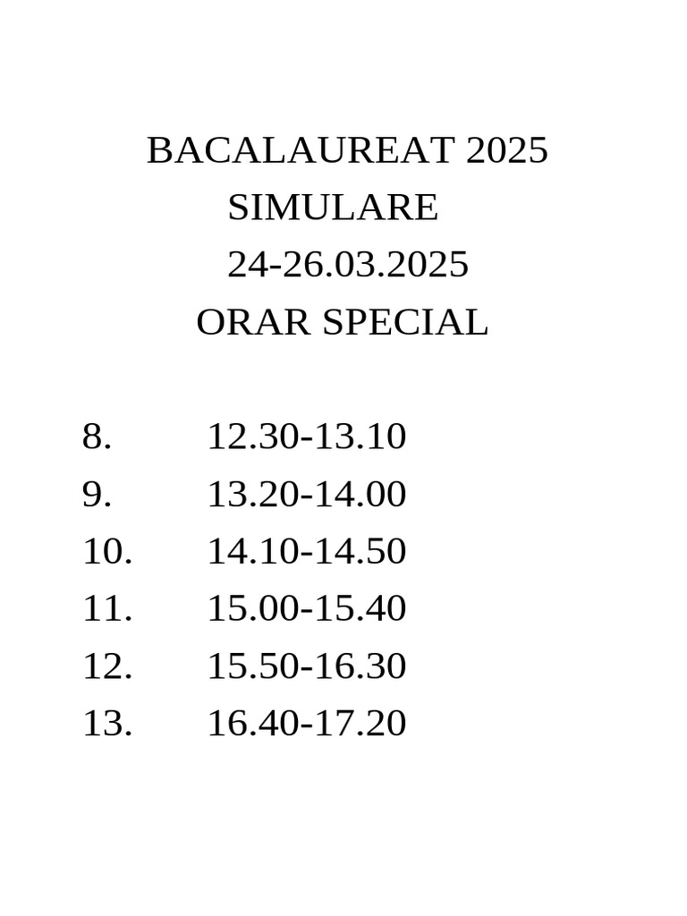 Bacalaureat Simulare 2025 Orar Special | PDF
