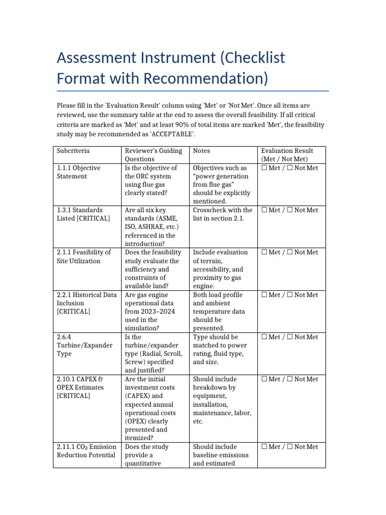 Checklist With Feasibility Recommendation | PDF