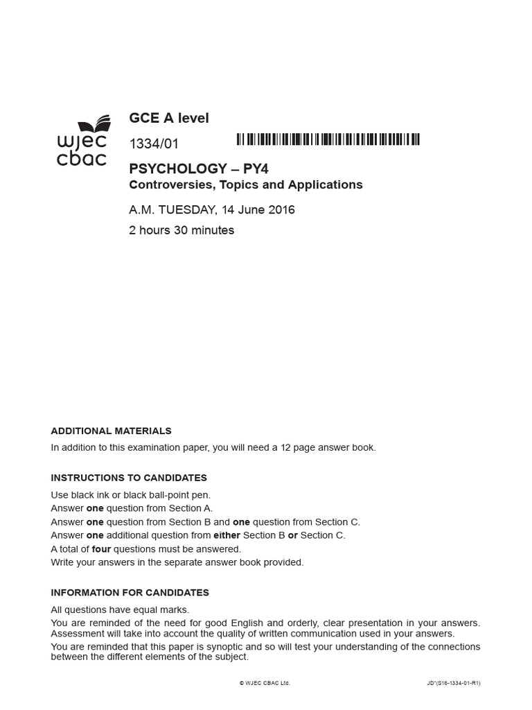 June 2016 QP - Unit 4 WJEC Psychology A-Level | PDF