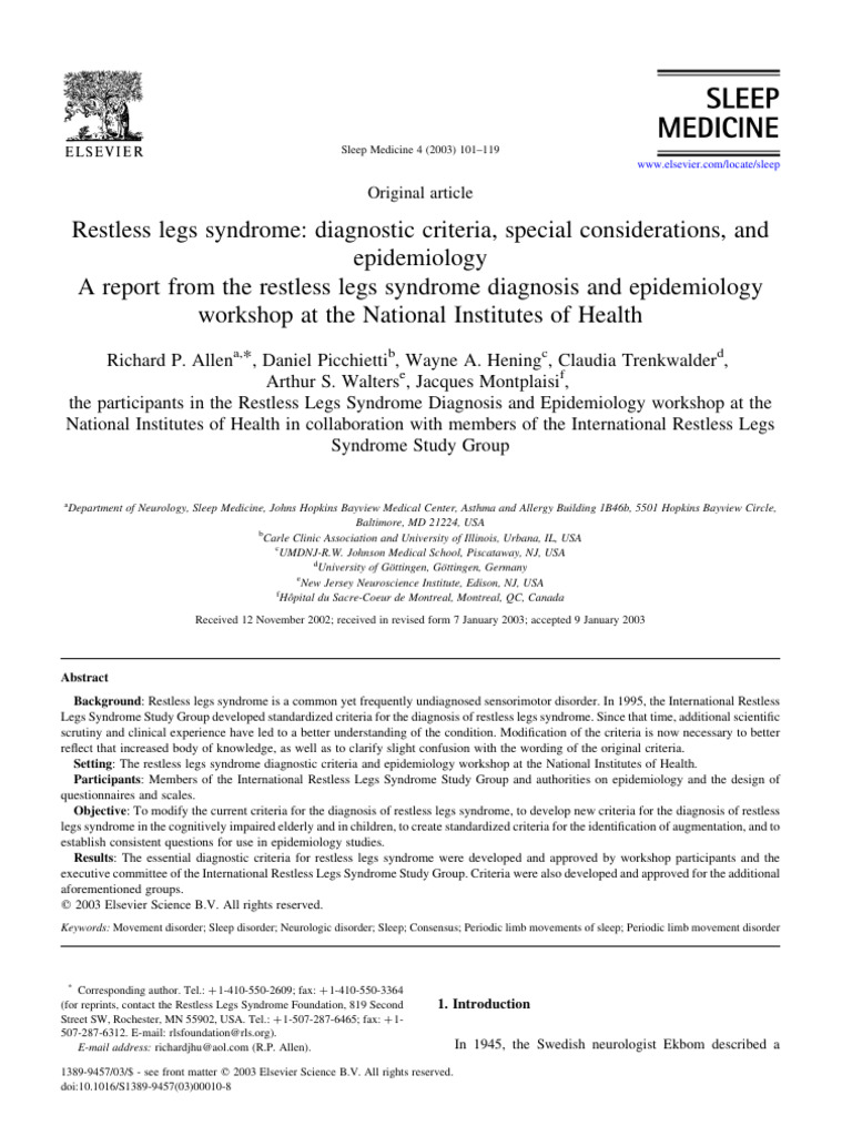 Restless Legs Syndrome RLS The Continuing Development of Diagnostic ...