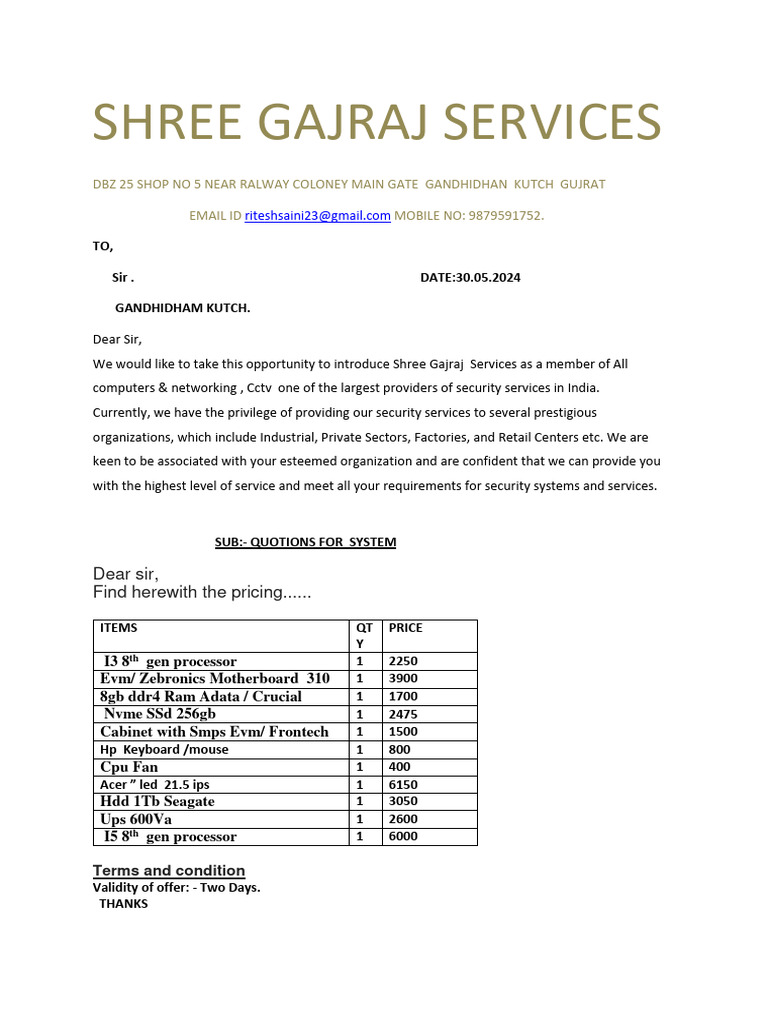 Security Services Quotation from Shree Gajraj | PDF