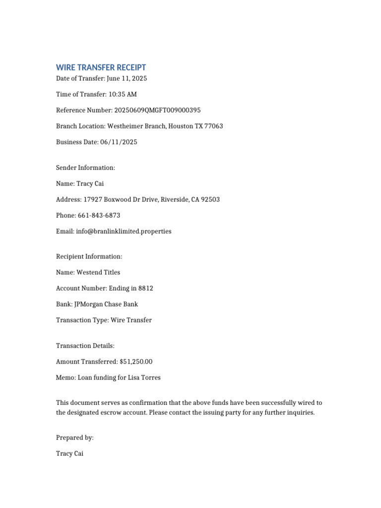 Wire Transfer Receipt Lisa Torres | PDF