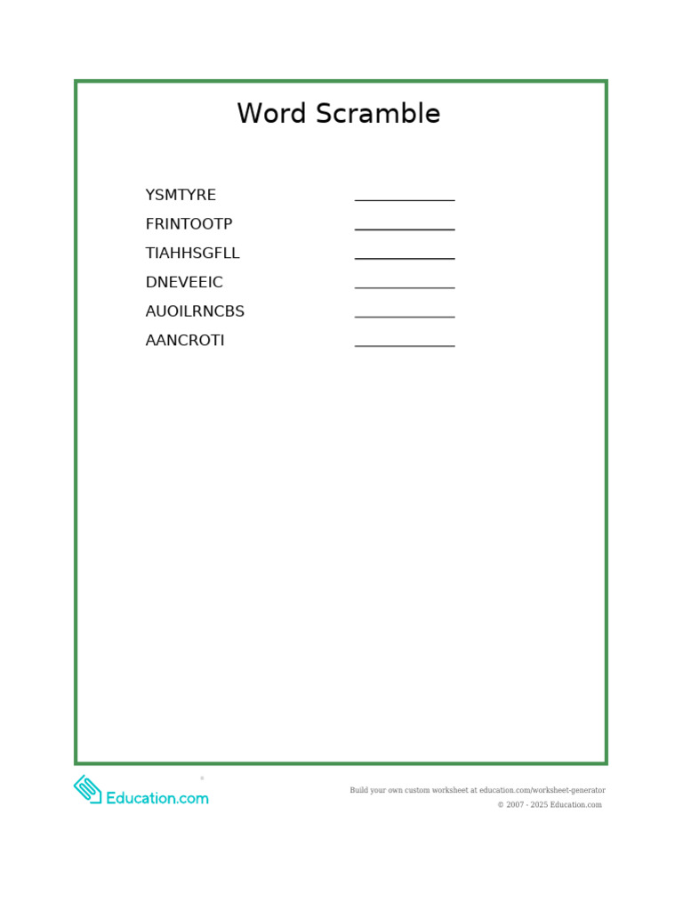 Word Scramble: Ysmtyre Frintootp Tiahhsgfll Dneveeic Auoilrncbs ...