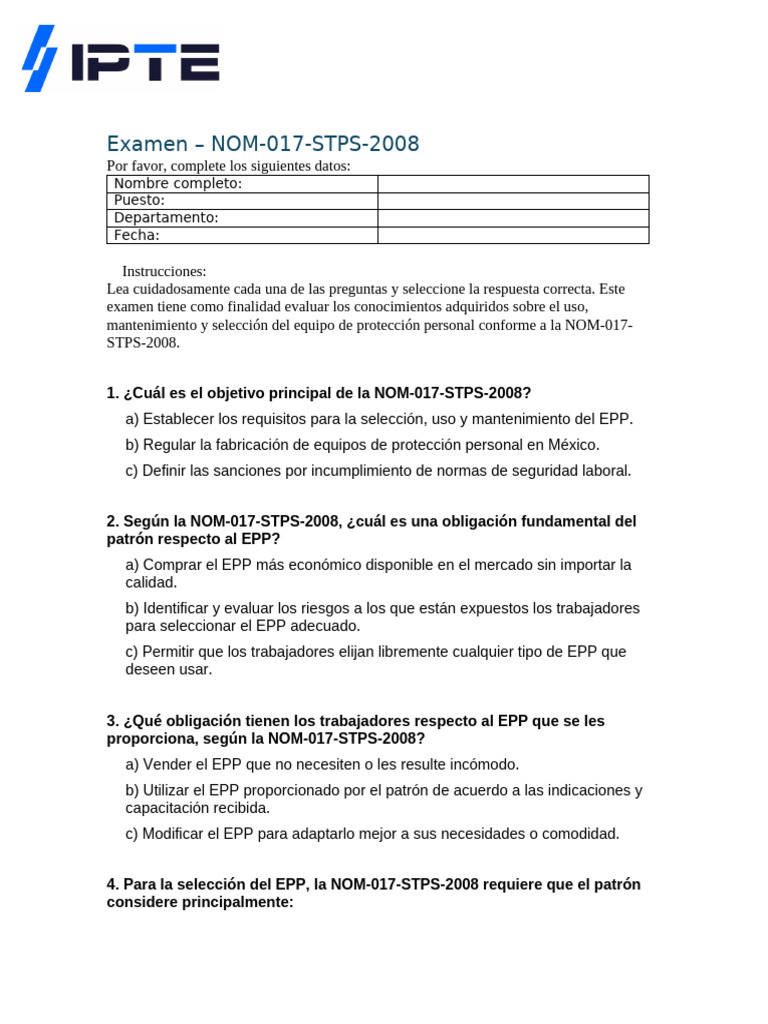 EXAMEN NOM 017 | PDF
