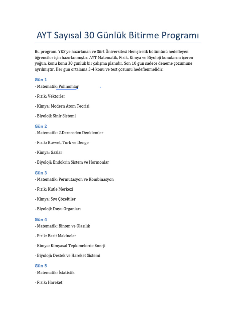 AYT Sayısal 30 Günlük Bitirme Programı | PDF