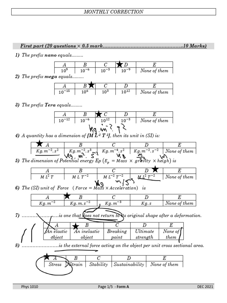Monthly 1 Phys 1010 - 1443 Form A - CORRECTION | PDF | Buoyancy | Force