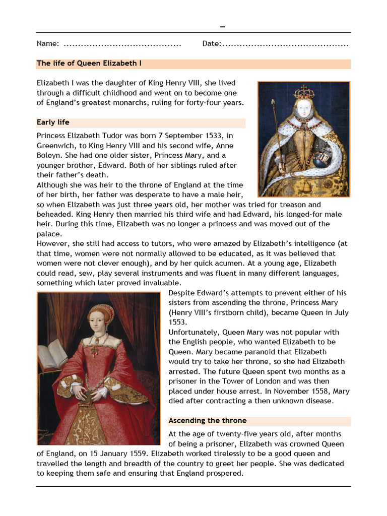 Queen Elizabeth I Reading Comprehension and Questions | PDF | Kingdom ...