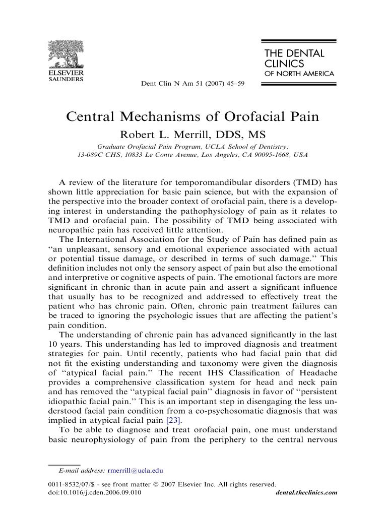 Central Mechanisms of Orofacial Pain | PDF | Pain | Neurotransmitter