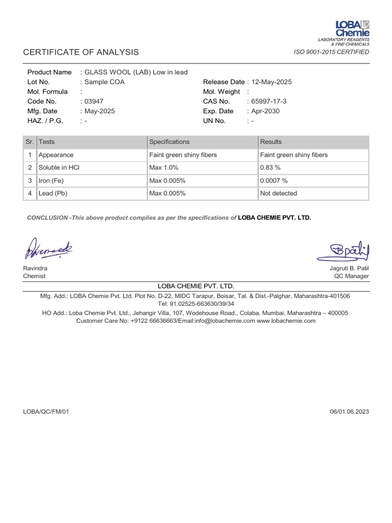 Coa 03947 Sample | PDF