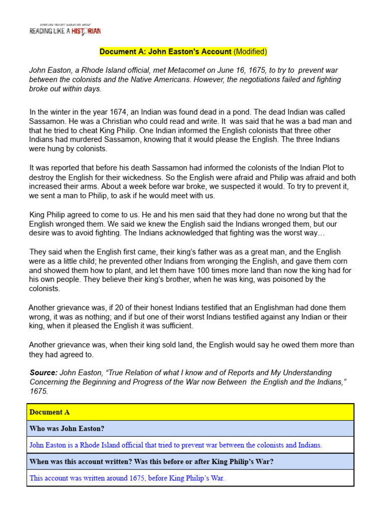 Tim Tran - King Philips War Student Materials SHEG | PDF