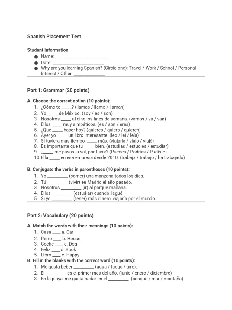 Examen de Colocación de Español | PDF