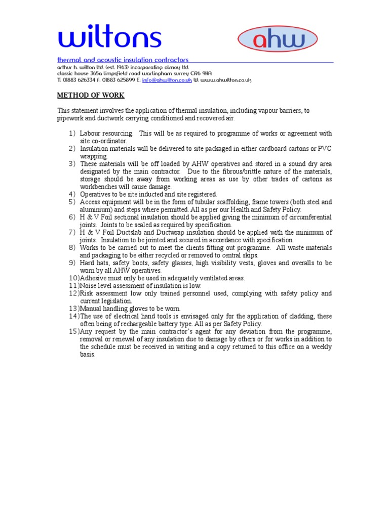 Method of Work and Risk Assessment for Thermal and Acoustic Insulation Installation | PDF ...