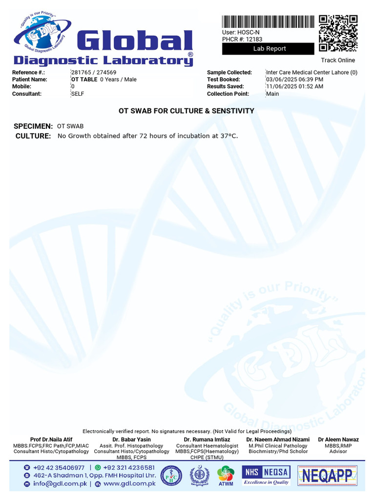 Ot Swab For Culture & Senstivity Specimen: Culture:: User: HOSC-N PHCR ...