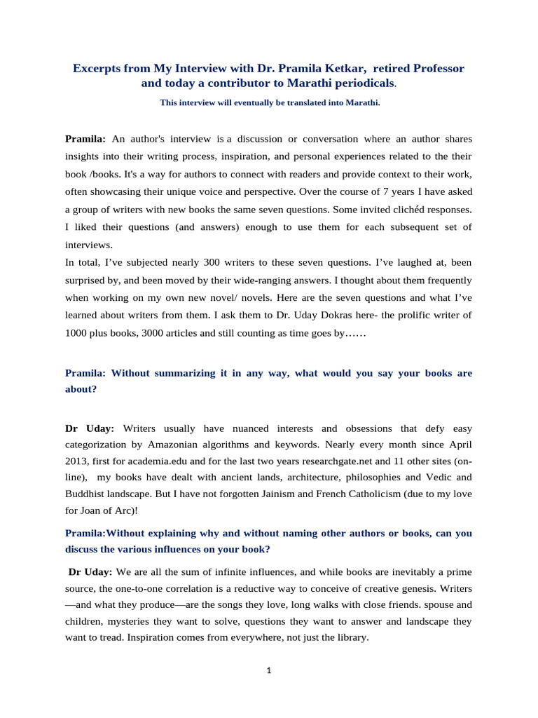 Insights from Dr. Pramila Ketkar's Interview | PDF | Non Fiction ...