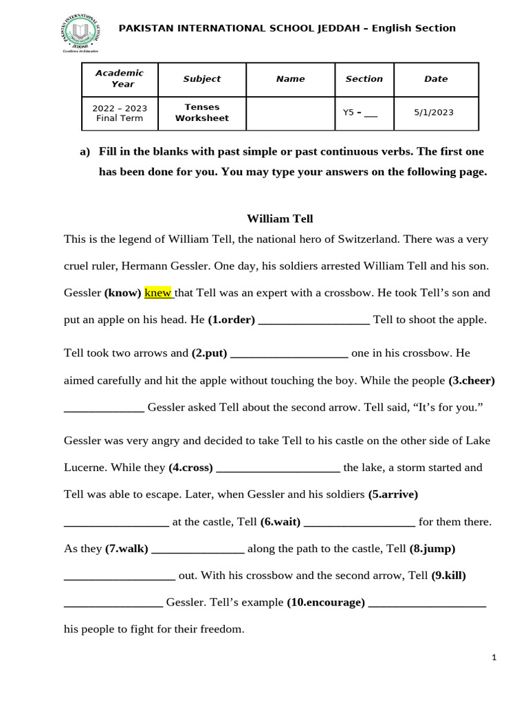 William Tell Legend and Verb Tenses Worksheet | PDF | J. K. Rowling