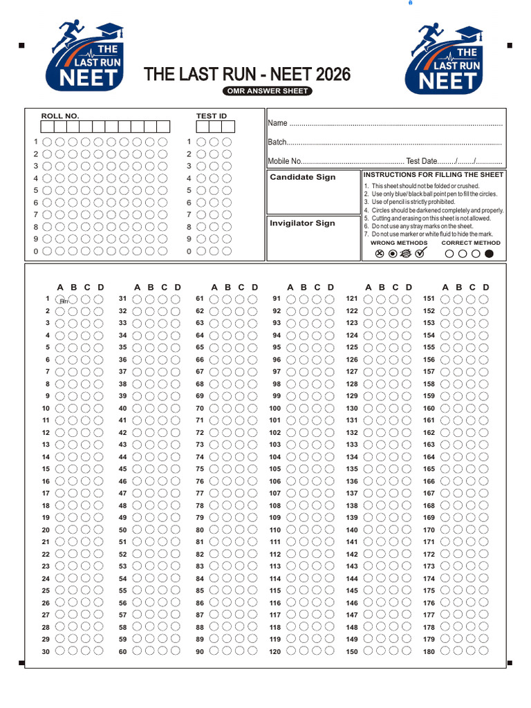 NEET 2026 OMR Answer Sheet Guide | PDF | Stationery | Office Equipment
