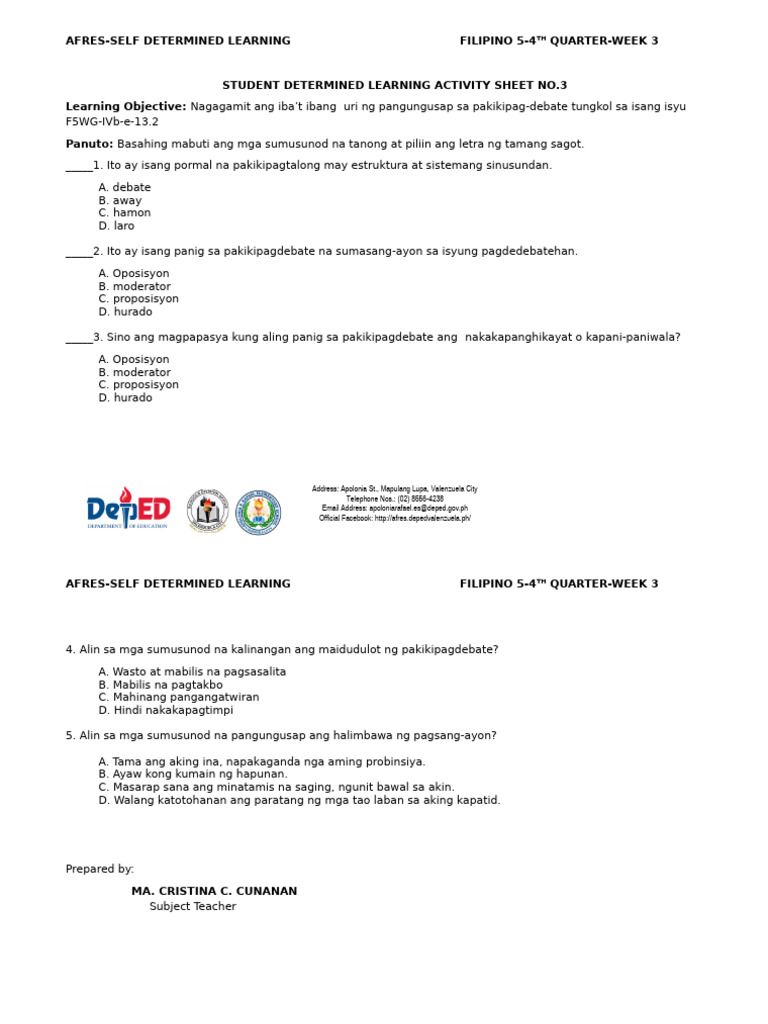Filipino 5 Student Self Learning Activity Sheet q4 Week 3 | PDF