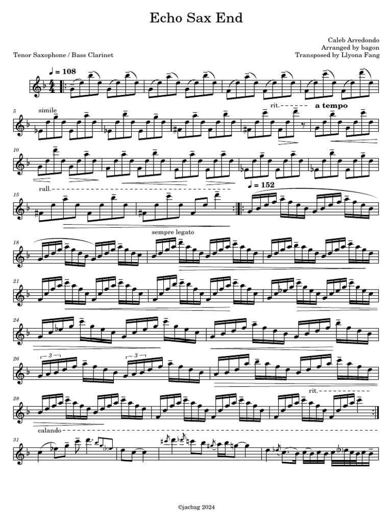 Echo Sax End Caleb Arredondo Transposed For BB | PDF | Saxophone | Jazz